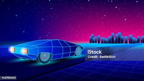 80년대 신스웨이브 스타일의 네온 자동차가 도시로 질주합니다 90년대 아케이드 게임 스타일의 그리드 풍경 도로에 반짝이는 네온 자동차가 있는 레트로웨이브 자동 그림 도로에