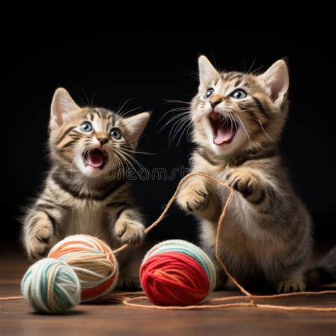 Wo Tabby Kittens Playing Together With A Ball Of Yarn Stock
