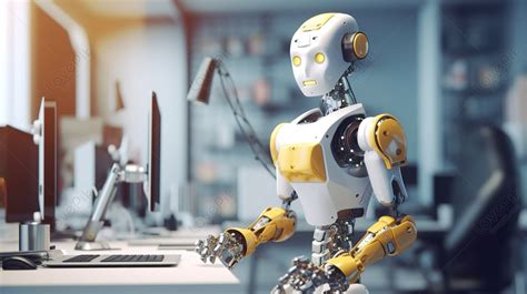 사무실 환경에서 탁월한 여성 로봇의 매혹적인 3d 렌더링 매혹적인 배경 인공 지능 로봇 배경 노트북 컴퓨터 배경 손 유형 배경 이미지 Hd 인공 지능 로봇