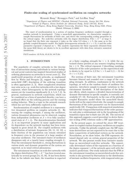 Pdf Finite Size Scaling Of Synchronized Oscillation On Complex Networks