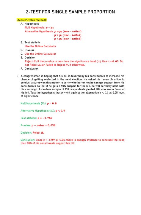 Z Test For Single Sample Proportion FOR SINGLE SAMPLE PROPORTION Steps Method A Hypotheses