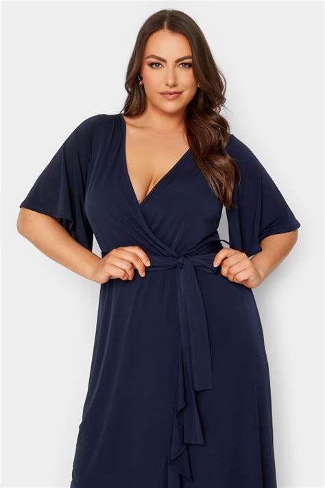 Yours London Curve Plus Size Navy Blue Short Sleeve Ruffle Wrap Maxi