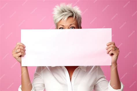 A Woman Holding Up A White Sign With A Pink Background Generative Ai