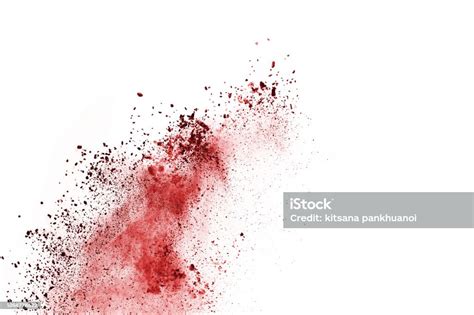 흰색 배경에 고립 된 빨간 분말 폭발의 모션에 고정 합니다 빨간 먼지 구름의 추상적인 디자인입니다 입자 폭발 화면 보호기 배경