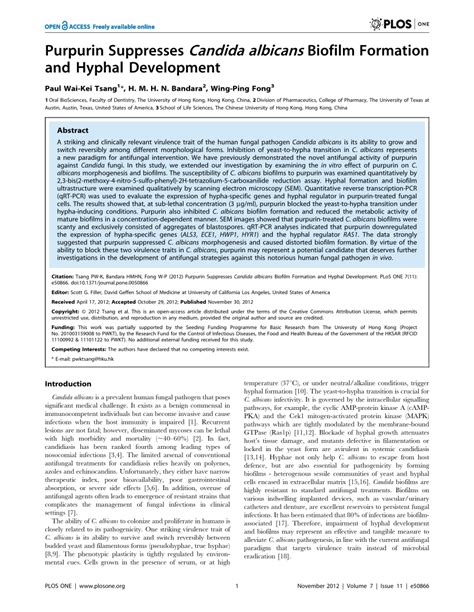 Pdf Purpurin Suppresses Candida Albicans Biofilm Formation And Hyphal