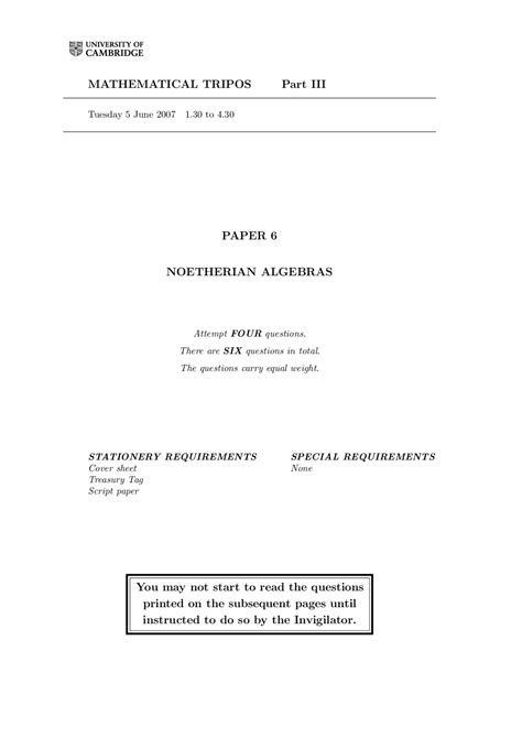 Noetherian Algebras Mathematical Tripos Past Exam Paper Docsity