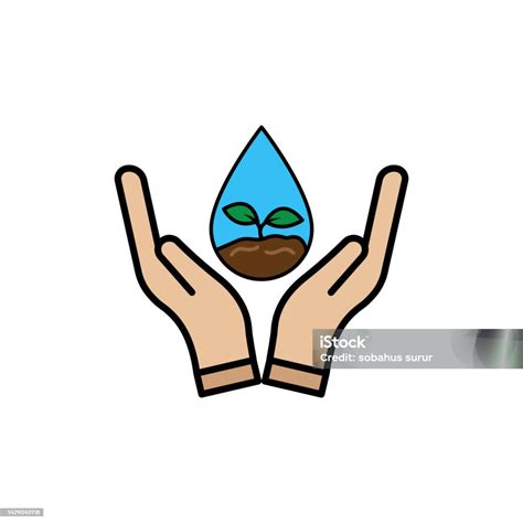 물방울과 식물이있는 손 선형 색상 아이콘 편집 가능한 간단한 디자인 디자인 템플릿 벡터 관개 장비에 대한 스톡 벡터 아트 및