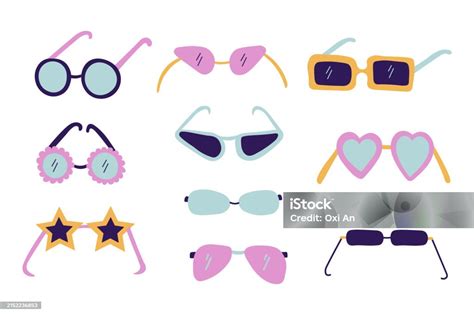 선글라스 만화 세트 손으로 그린 벡터 일러스트 레이 션 고립 된 배경 다양한 안경 색상 여름 패션 액세서리 태양 보호 개념 인쇄 종이 포스터 카드를 위한 디자인 요소