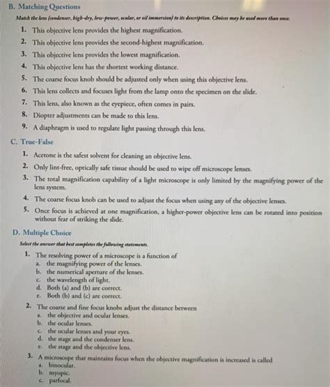 Solved B Matching Questions Match The Lens Condenser Chegg
