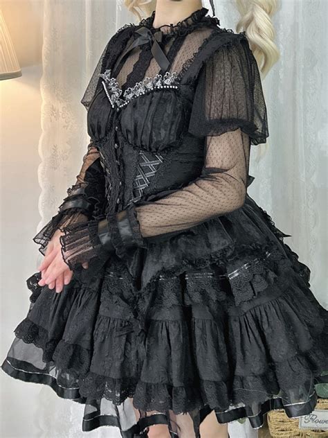 Black Semi Sheer Ruffle Neckline Blouse