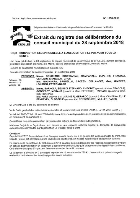 Calaméo Crolles Deliberation 58 2018 9 Subvention Exceptionnelle L Association Le Potager Sous