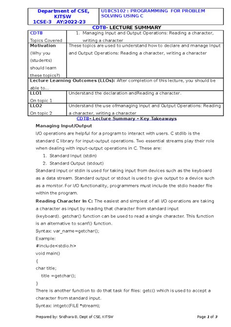 Ppsc 8 Summary Notes For Ppsc Department Of Cse Kitsw 1cse 3 Ay2022 U18cs102