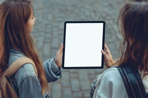 Two Girls Presenting Tablet Mockup Premium Ai Generated Image