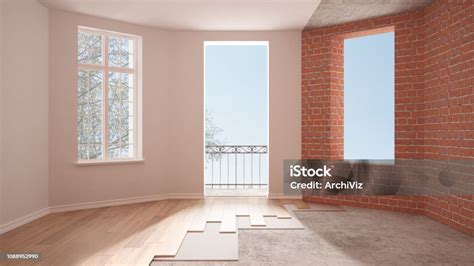 홈 혁신 프로세스 수리 및 벽화 건축 개념 구조 조정 벽돌 및 그려진된 벽 쪽모이 세공 마루 바닥 벽 누워 및 취재 건축 인테리어 디자인 창문에 대한 스톡 사진 및 기타