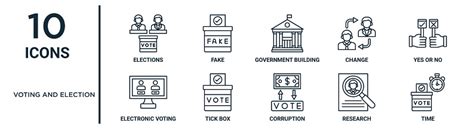 투표 및 선거 개요 아이콘 세트에는 얇은 선 선거 정부 건물 예 또는 아니오 체크 박스 연구 시간 보고서 프리젠 테이션 다이어그램 웹 디자인을위한 전자 투표 아이콘이