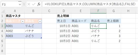 Excel列名を指定してVLOOKUP関数を使う
