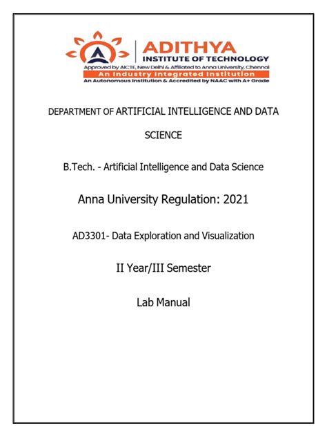 Data Exploration And Visualization Laboratory Ad3301 Lab Manual Pdf Data Analysis