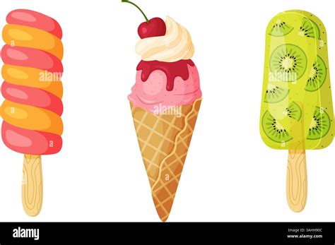 Delicious Ice Creams Layered Popsicle Cherry Waffle Cone And Fruity