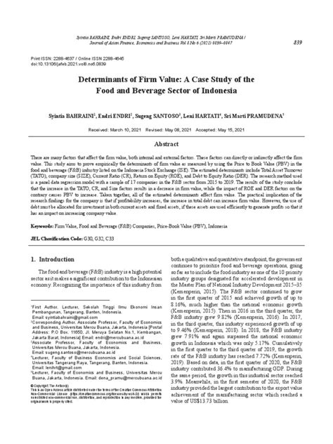 Determinants Of Firm Value A Case Study Of The Food And Beverage