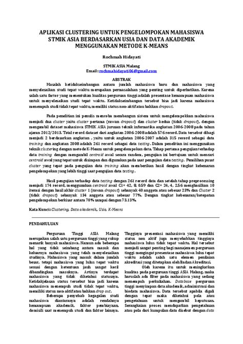 Pdf Aplikasi Clustering Untuk Pengelompokan Mahasiswa Stmik Asia