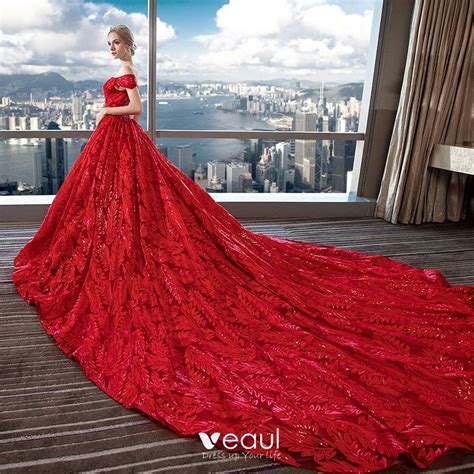 Luxury Gorgeous Red Lace Wedding Dresses 2018 Ball Gown Off The