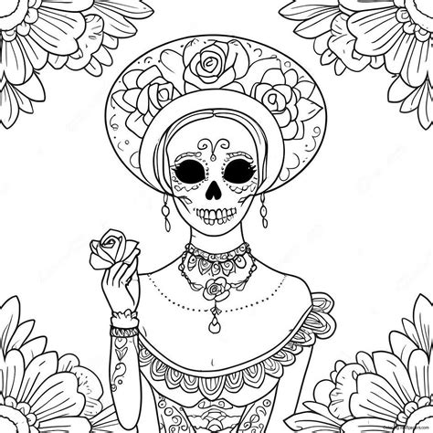 Elegant Catrina With Flowers Coloring Page 53864 42615