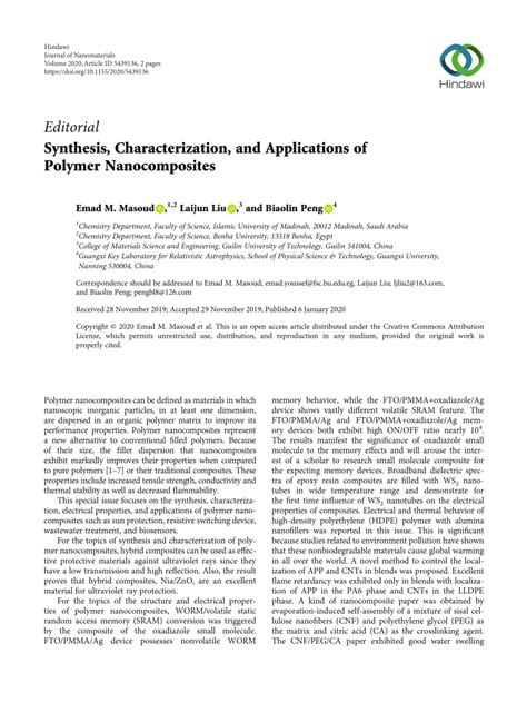 Pdf Synthesis Characterization And Applications Of Polymer Nanocomposites
