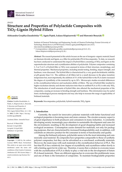 Pdf Structure And Properties Of Polylactide Composites With Tio2 Lignin Hybrid Fillers