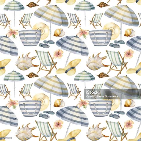 손으로 그린 수채화 줄무늬 해변 의자 우산 모자 가방 바다 조개 플립 플롭 원활한 패턴입니다 흰색 배경에 격리 벽 예술 결혼식 인쇄 직물 표지 카드 관광 여행 책자 0명에