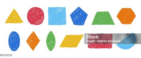 손으로 그린 유치한 스타일의 다채로운 기하학적 인물 세트 목탄 또는 크레용 질감의 모양 흰색 배경에 고립 된 벡터 그림입니다 개체 그룹에 대한 스톡 벡터 아트 및 기타