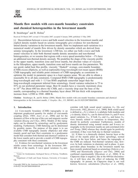 Pdf Mantle Flow Models With Core Mantle Boundary Constraints And Chemical Heterogeneities In