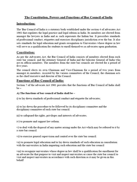 Constitution Powers And Functions Of Bar Council Of India Pdf Advocate Bar Association