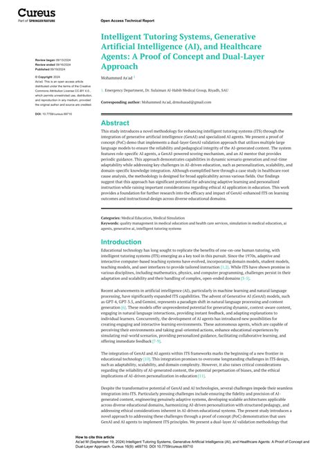 Pdf Intelligent Tutoring Systems Generative Artificial Intelligence Ai And Healthcare