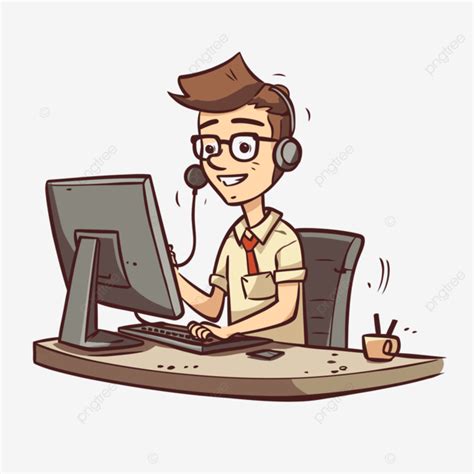 مكتب المساعدة المتجه كرتون ذكر وكيل خدمة العملاء يجلس على مكتب ملصق