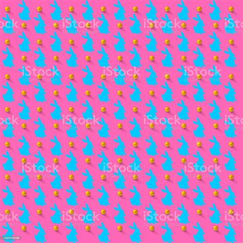 파란색 토끼가있는 금색 둥근 풍선 벽지 웹 데칼 봄 여름 패션 직물 섬유 휴일 인사말 카드 또는 크리스마스 장식 배경을위한 패턴