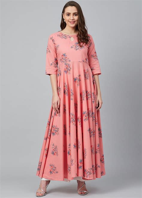 Get Keyhole Neck Detail Pink Floral Printed Flared Kurta At ₹ 1699