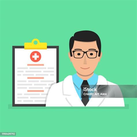 클립 보드와 의사 남성 플랫 만화 스타일입니다 벡터 그림입니다 건강 진단에 대한 스톡 벡터 아트 및 기타 이미지 건강 진단