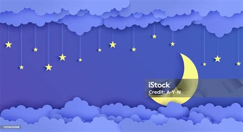 종이 컷 스타일의 밤 하늘 로프와 달 종이 컷 예술에 별과 파란색 흐린 풍경 3d 배경 귀여운 골판지 종이 접기 구름입니다 소원 좋은 밤 달콤한 꿈을위한 벡터 카드입니다