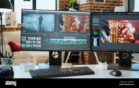 Empty Office Desk With A Video Editing Software Running On Computer Video Production And Mixing