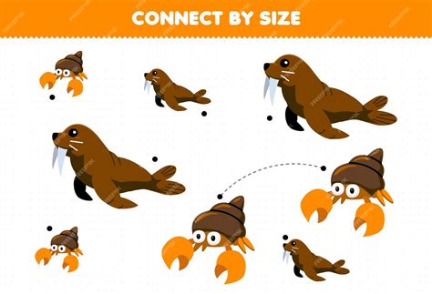 아이들을 위한 교육용 게임은 귀여운 만화 바다코끼리와 소라게의 인쇄 가능한 수중 워크시트의 크기로 연결됩니다 프리미엄 벡터