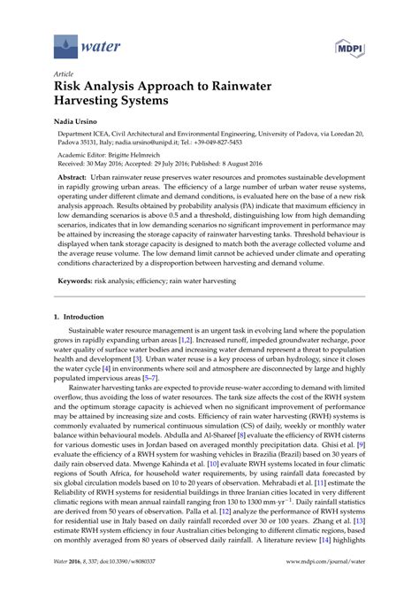 Pdf Risk Analysis Approach To Rainwater Harvesting Systems