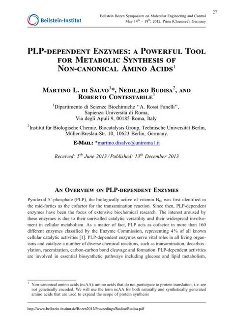 Pdf Plp Dependent Enzymes A Powerful Tool For Metabolic Synthesis