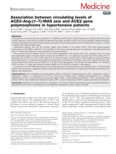 Pdf Association Between Circulating Levels Of Ace2 Ang 17 Mas Axis