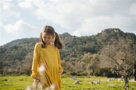 A Girl Walks Through A Field Against The Backdrop Of A Forest On A Hill