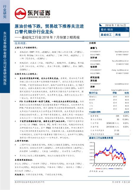 基础化工行业2018年7月份第2期周报：原油价格下跌，贸易战下推荐关注进口替代细分行业龙头