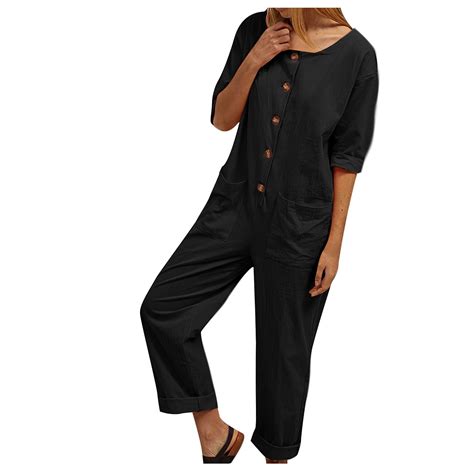 Women Jumpsuit Half Sleeve Loose Fit Harem Jumpsuits Casual Button