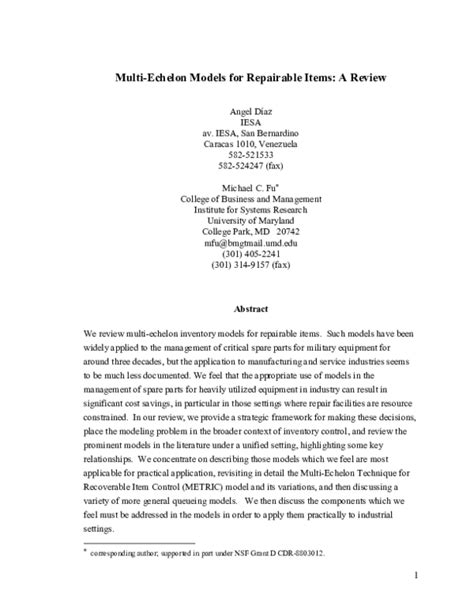 Pdf Multi Echelon Models For Repairable Items A Review