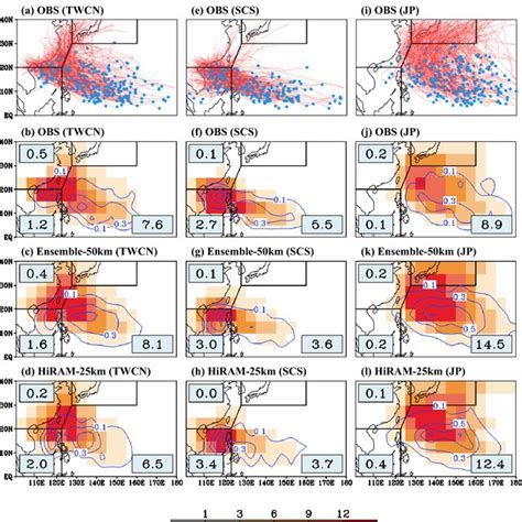 A Observed Genesis Locations Blue Dots And Tracks Red Curves For Tc