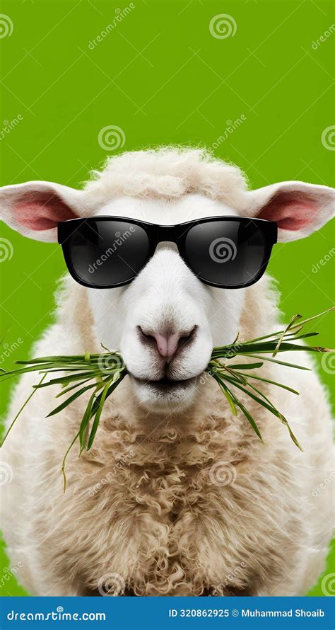 Stylish Sheep In Sunglasses Munching On Grass Against Vibrant Green