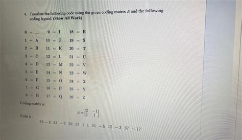 Translate The Following Code Using The Given Coding Matrix A And The